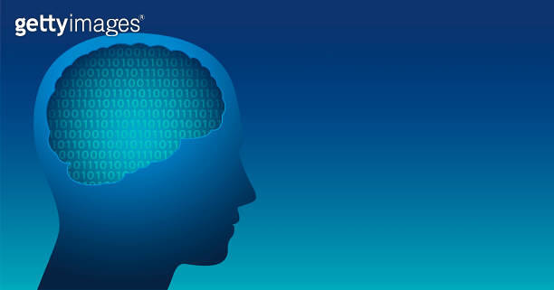 Digital brain with binary code, ones and zeros, symbol for bionic ...