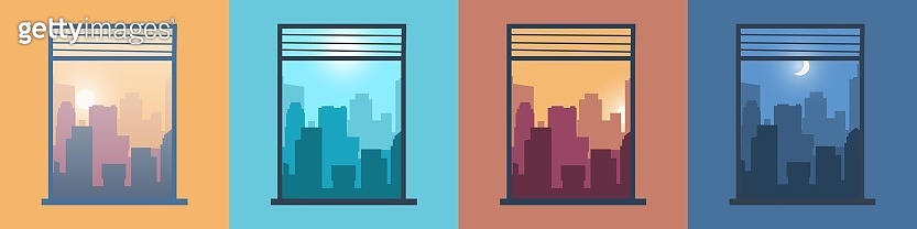 Landscape in window. City view from home. Morning or evening cityscapes ...