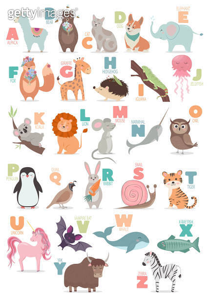 English alphabet with cute cartoon animals for kids education. Letter ...