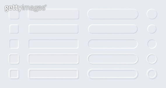 Neumorphic UI buttons. Modern minimal web layout with input fields. Square or round interface ...