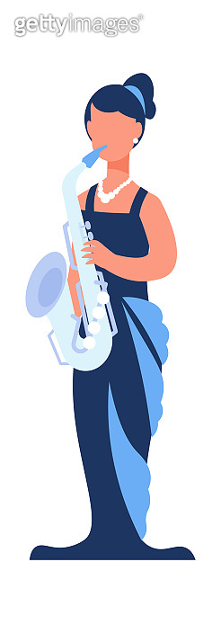 Cartoon musician. Woman with saxophone. Female playing music. Cute ...