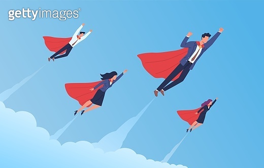 Super businessman team. Flying men and women in flowing capes and suits ...