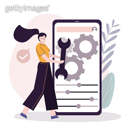 Female user customize settings on phone screen. Phone screen with users personal page. User ...