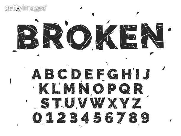 Broken alphabet. Crash font, capital latin letters and numbers, crack ...