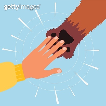Friendship person with animal. Human and dog clapping arms. Cheerful ...