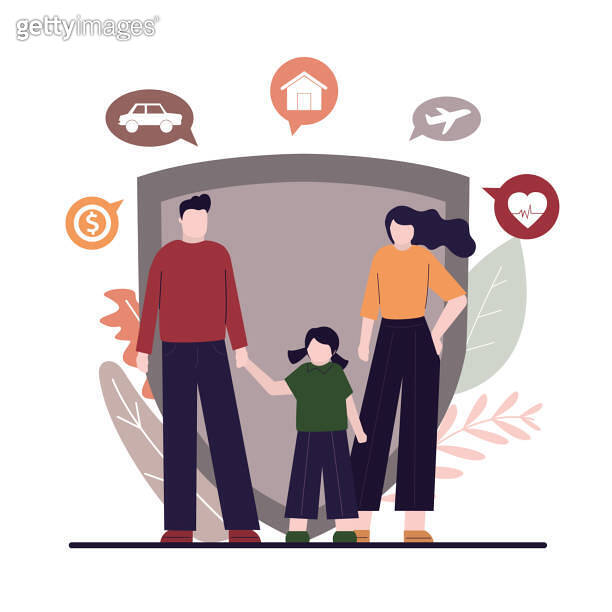 Happy cartoon family with kid and protection shield. Parents with ...