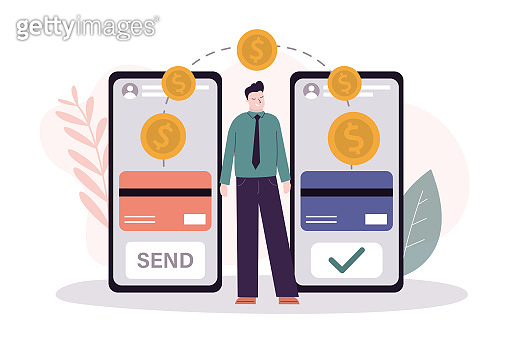 Man send and receive money. Money transfer on bank card. Application ...