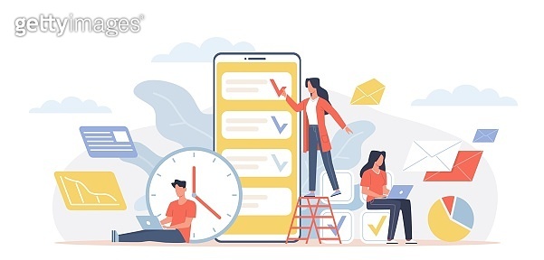 Time management. Office teamwork around big smartphone, to-do list ...