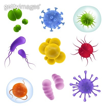 Realistic viruses types. 3d bacteria and germs, microorganism shapes ...