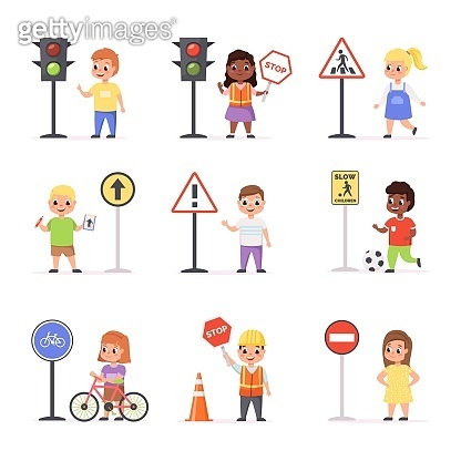 Kids road signs. Children learn road rules, boys and girls with traffic ...