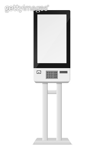 Self-ordering kiosk and ATM. Realistic cash dispenser. 3D banking ...