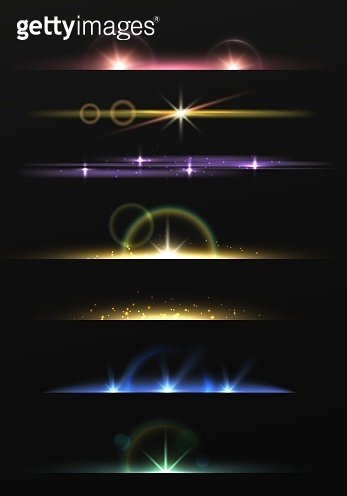 Lens flare shining borders. Realistic lights lines, rainbow glowing ...