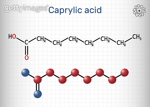 Caprylic acid, octanoic acid molecule. It is straight-chain saturated ...
