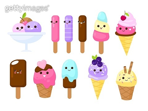 Cute faces ice cream. Kids cartoon characters, summer culinary products ...