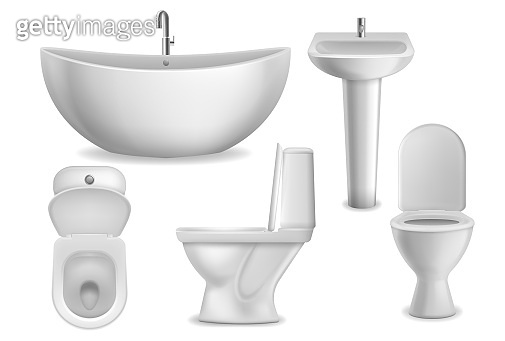 Bathroom realistic objects. White bathtub, toilet seat and washbasin ...