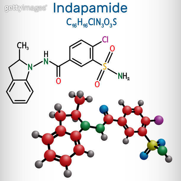 Indapamide molecule. It is thiazide-like diuretic, hypertension drug ...
