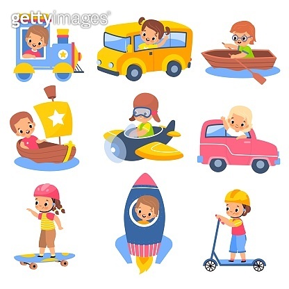 Kids transportation. Children in carriage vehicles, little travellers ...