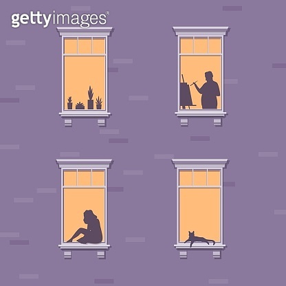 Neighbors. Windows with people, houseplant, and cat. Brick wall of ...