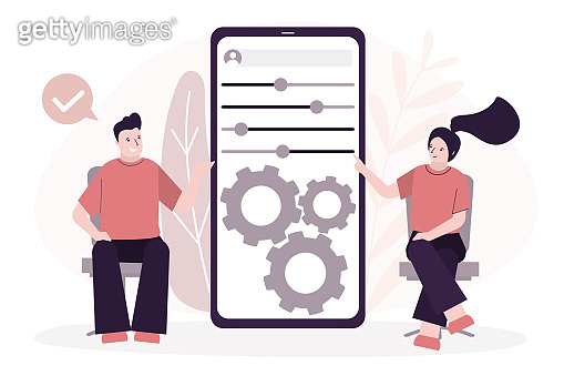 Employees users customize settings on phone screen. Phone screen with users personal page. User ...