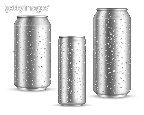 Cold cans realistic. Tin or silver metal wet blank energy drink and ...