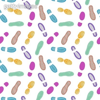 Seamless footprints. Color shoes prints, different soles traces ...