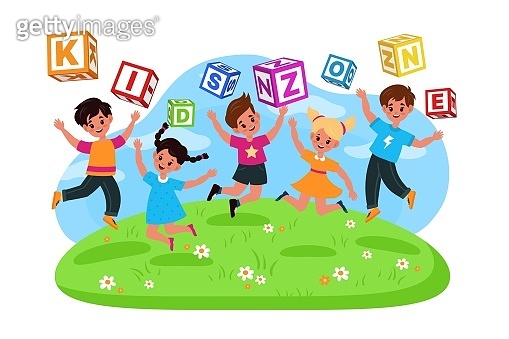 Kids zone. Blocks with letters, little cute boys and girl jamping ...