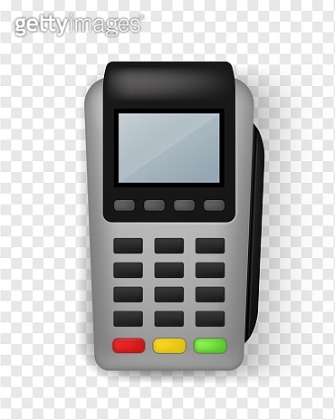 Realistic payment terminal. Contactless Pos terminal front view ...