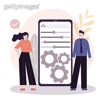 Employees users customize settings on phone screen. Mobile phone screen with users personal page ...