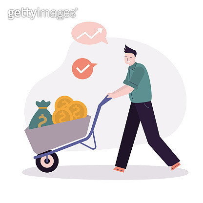 Male rolls cart with gold coins. Employee rolling cart with money ...