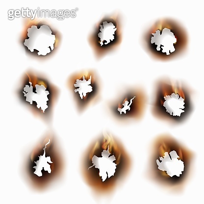 Singed paper. Burnt round holes flame collection, parchment with burns ...