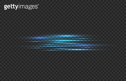 Car fast motion trail effect. Realistic horizontal blue neon linear ...
