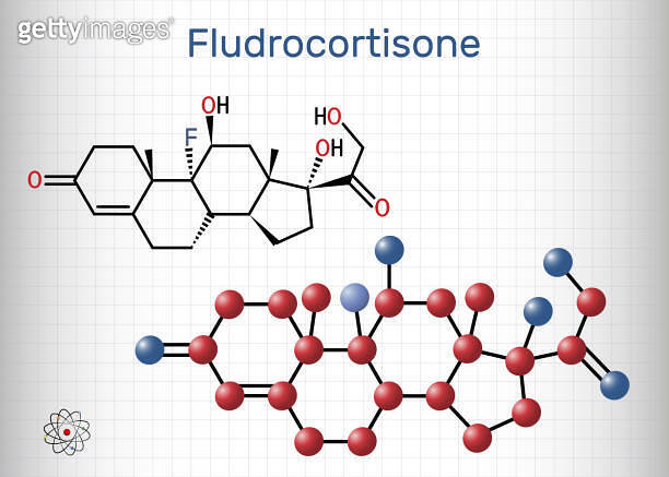 Fludrocortison, fluorocortisone molecule. It is synthetic ...