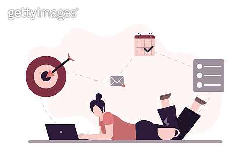 Stay focused. Lying business woman working with aim, schedule and new ...