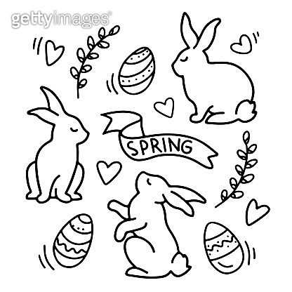 Hand drawn doodle Easter set Basket with colored eggs, bunny, branch ...