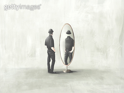 illustration of man looking at himself headless reflected in the mirror ...