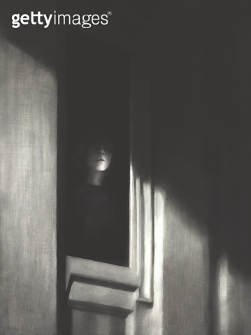 Illustration of lonely woman behind a window in the shadow looking the ...