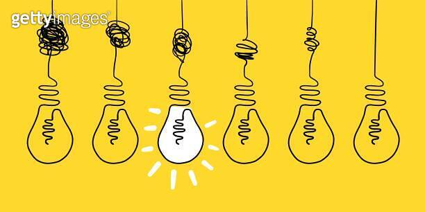 Doodle line lightbulb. Simple messy mind process, complicated ...