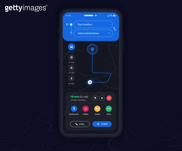 Map GPS navigation dark mode ux ui concept, Smartphone map application and destination blue ...