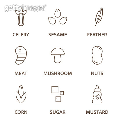 Allergen line icon set. Celery sesame, feather meat, mushroom nuts ...