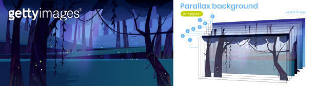 Parallax background night forest 2d landscape 이미지 (1347818122) - 게티이미지뱅크