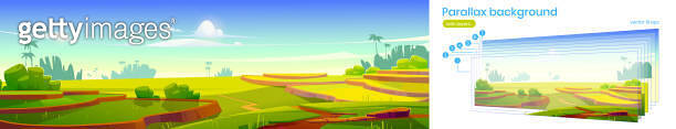 Asian rice field terraces parallax 2d landscape 이미지 (1345438242) - 게티이미지뱅크