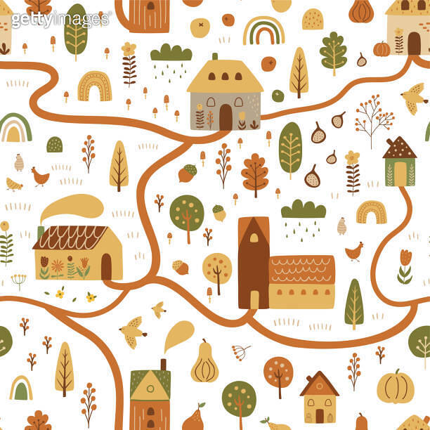 Cartoon village map. Cute map nature vector illustration. Cottage ...