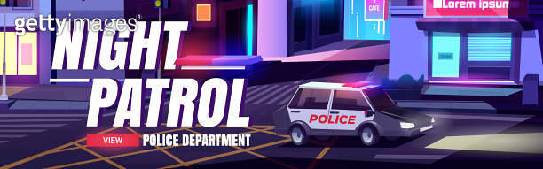 Night patrol cartoon web banner with police car 이미지 (1306432311) - 게티이미지뱅크