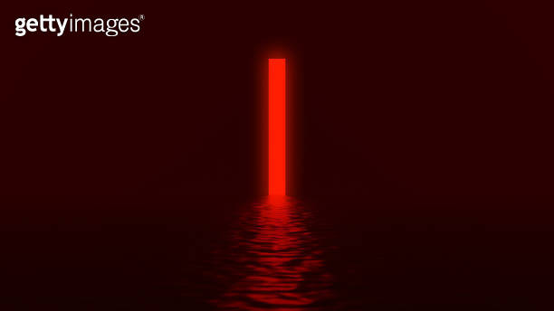 Glowing red neon light rectangle tall portal with distorted reflection ...