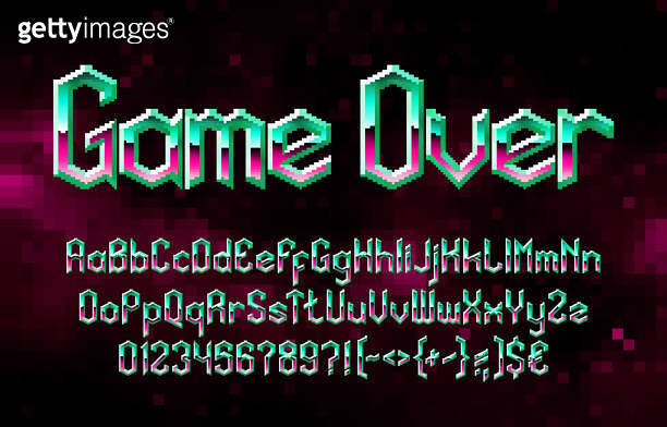 Game Over alphabet font. Pixel vivid gradient letters, numbers and ...