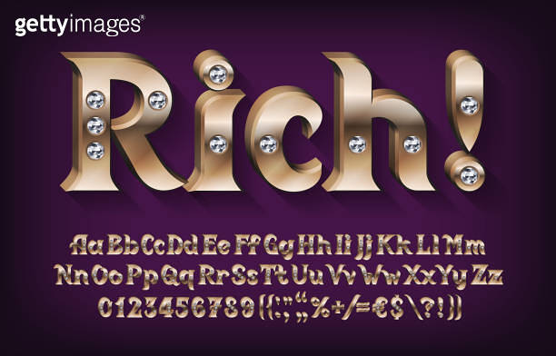 3D Rich alphabet font. Golden metal letters, numbers and symbols with ...