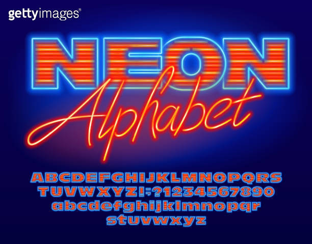 Neon alphabet font. Blue and orange neon light bold letters, numbers ...