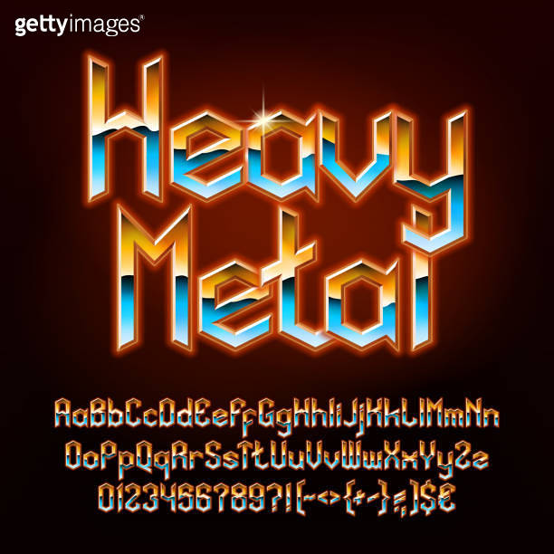 Heavy Metal alphabet font. Glowing letters, numbers and punctuations in ...