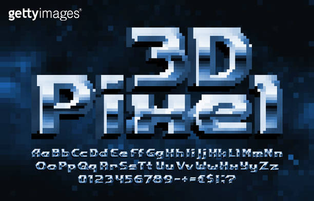3D Pixel alphabet font. Digital letters, numbers and punctuations ...