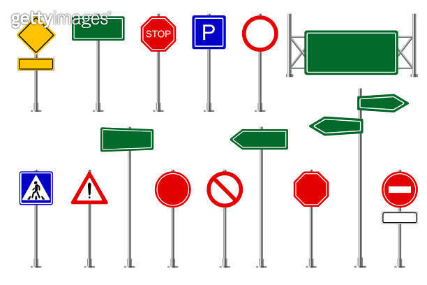 Traffic signs. Street and road signage, caution and safety, car speed ...